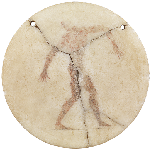 Marble disc with painted representation of a discus thrower ...